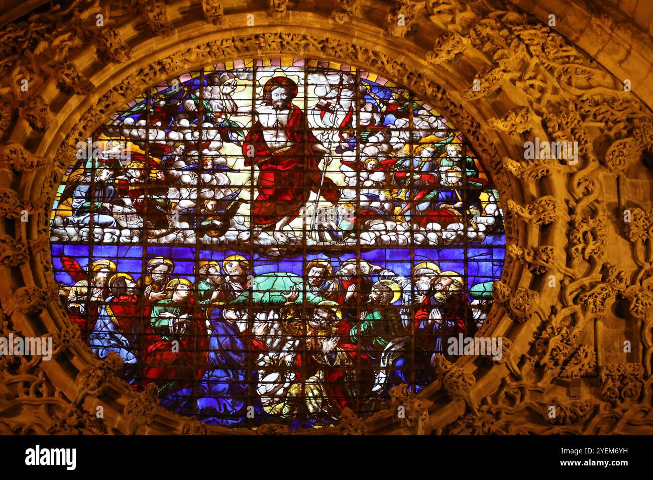The stained glass window in the Cathedral of Seville, Andalusia, Spain ...