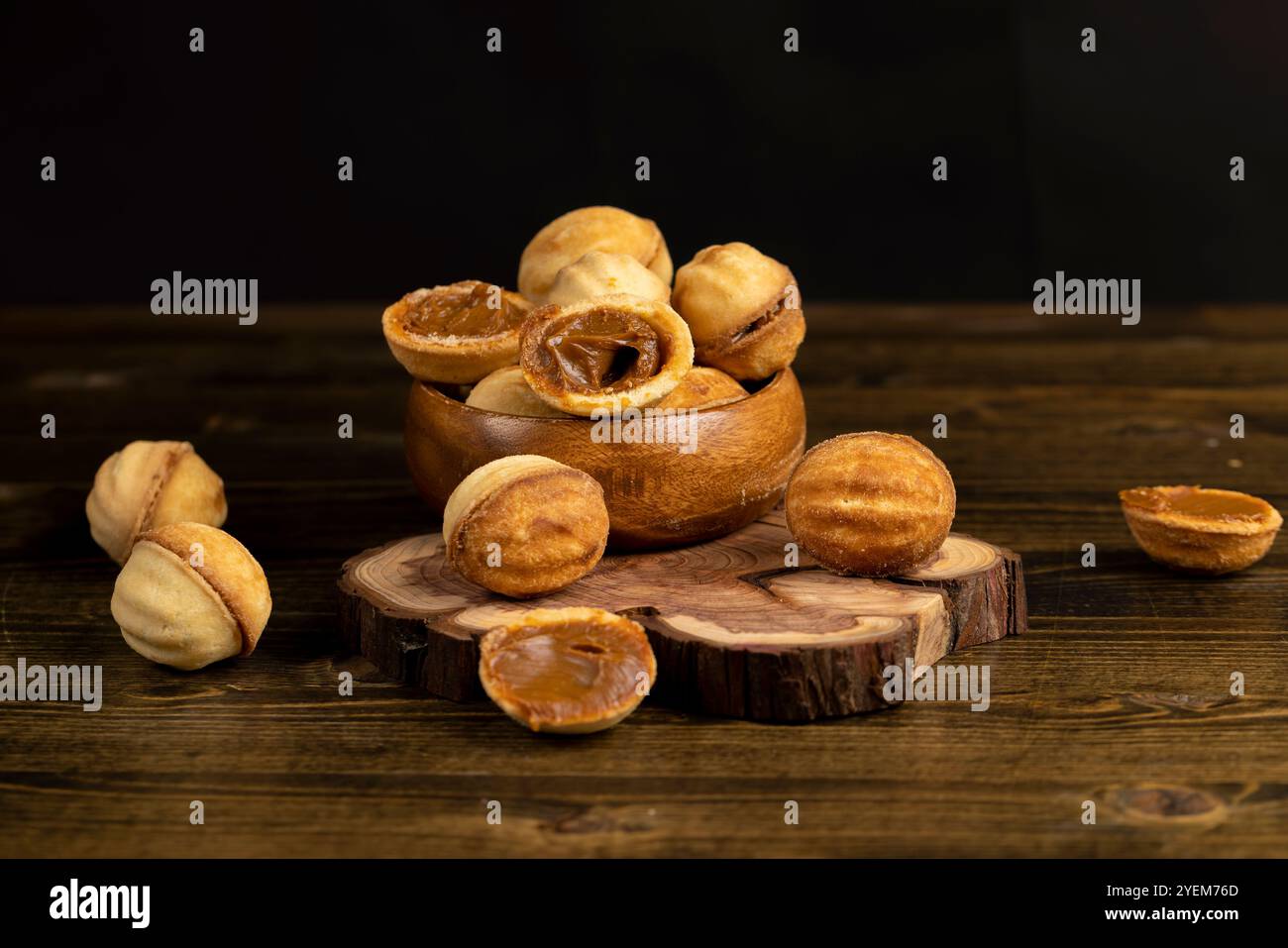 nuts with condensed milk close up, shortbread dessert with boiled ...