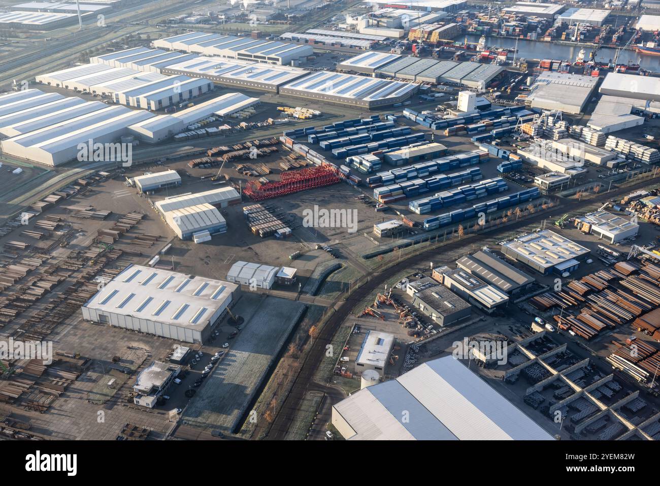 Aerial view Dutch industrial park Moerdijk with harbor and warehouse ...