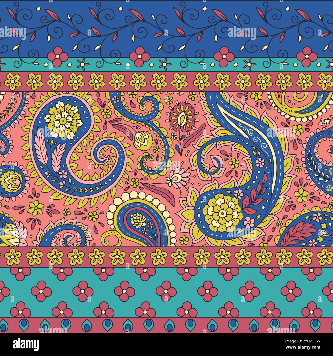 Floral seamless border pattern with paisley motifs Stock Vector Image ...