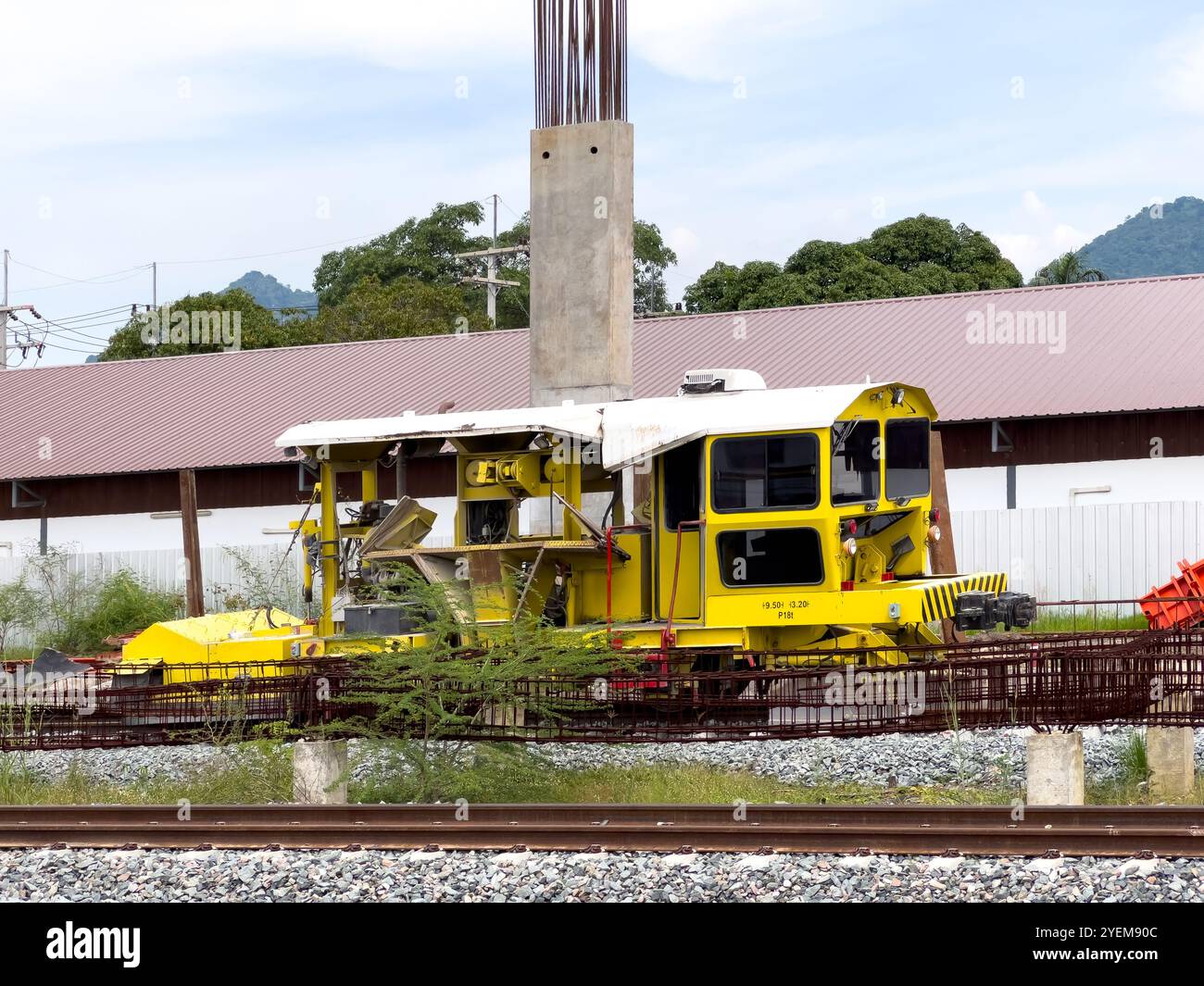 The maintenance train vehicle used for the ballast regulator is parked ...