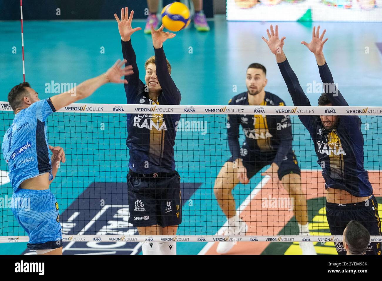 Block of Mads Kyed Jensen of Rana Verona during the match between Rana ...