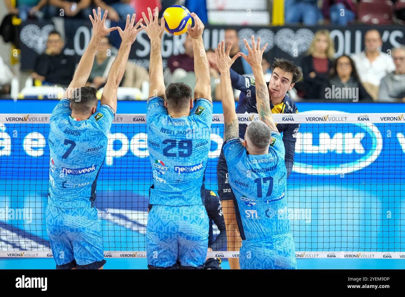 Attack of Francesco Sani of Rana Verona during the match between Rana Verona and Cisterna Volley ...