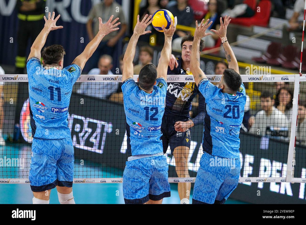 Spike of Francesco Sani of Rana Verona during the match between Rana Verona and Cisterna Volley ...