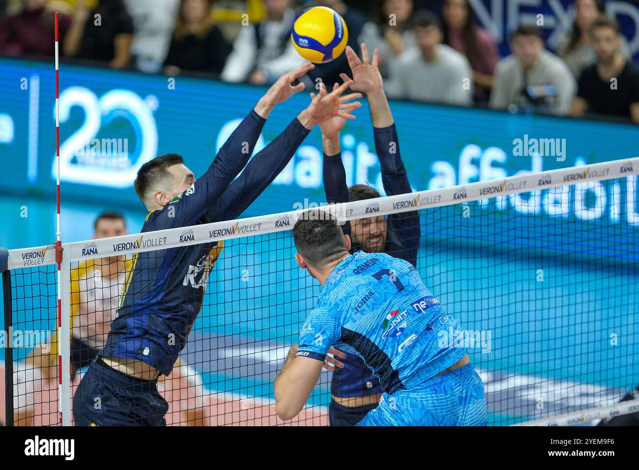 Block of Konstantin Abaev of Rana Verona during the match between Rana Verona and Cisterna ...