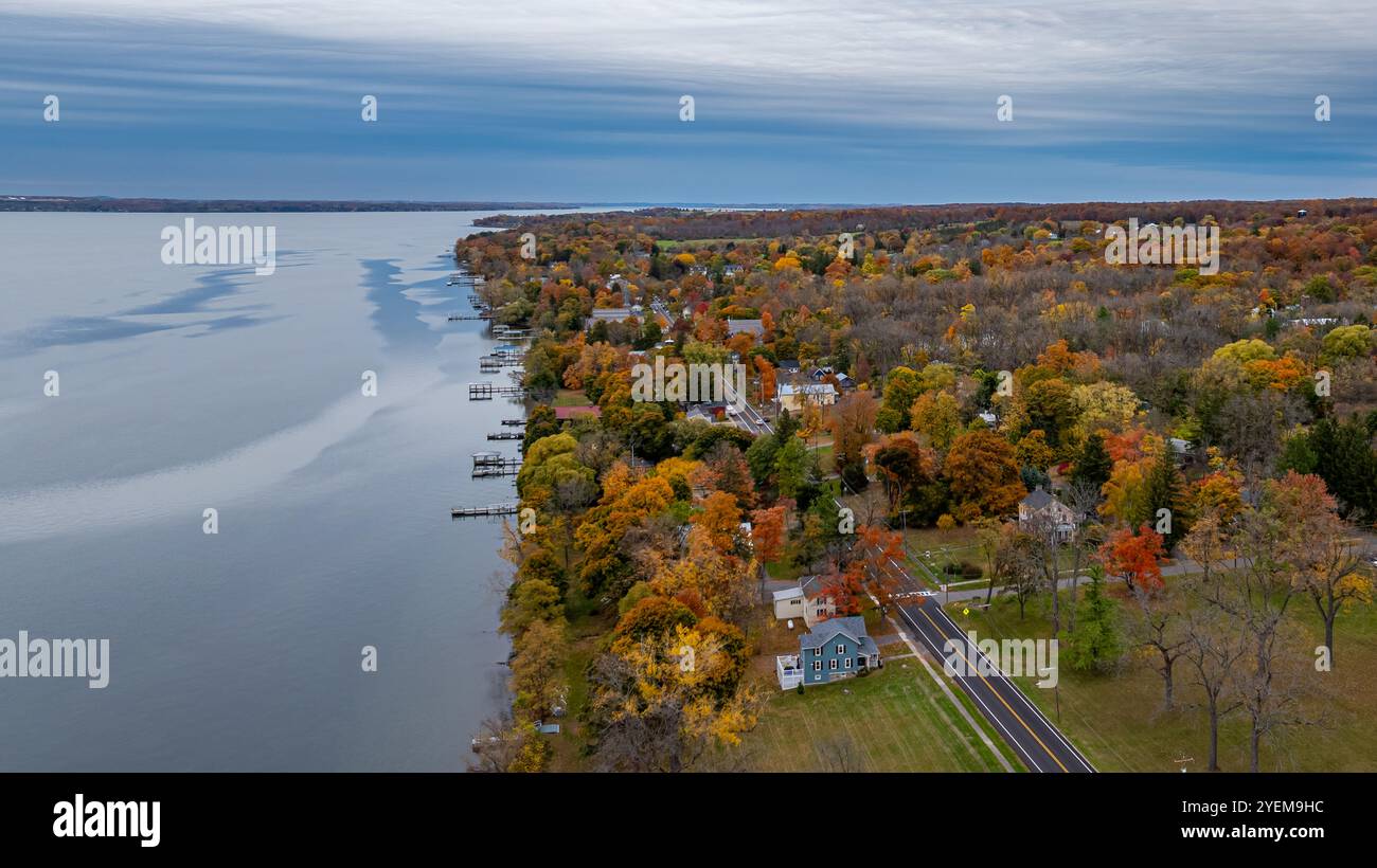 Aerial photo of the fall foliage surrounding the Village of Aurora ...
