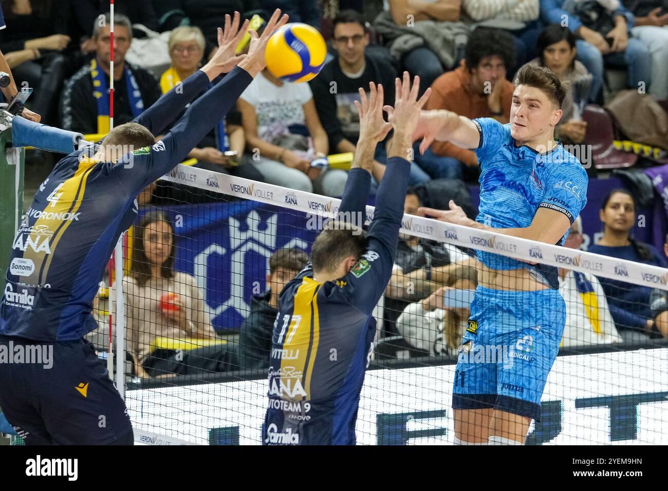 Spike of Theo Faure of Cisterna Volley during the match between Rana Verona and Cisterna Volley ...