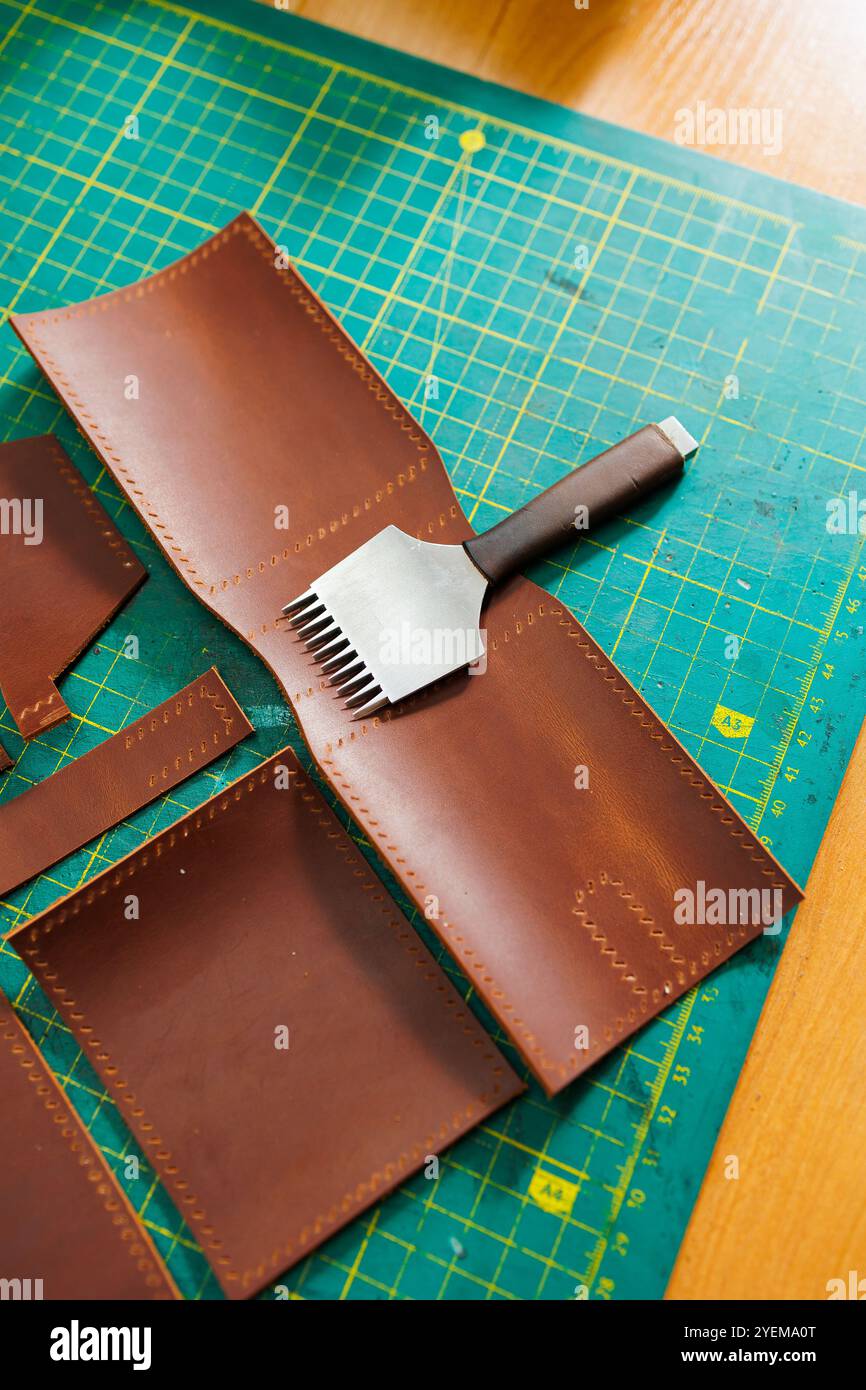 The process of production of leather goods. Materials and tools for ...