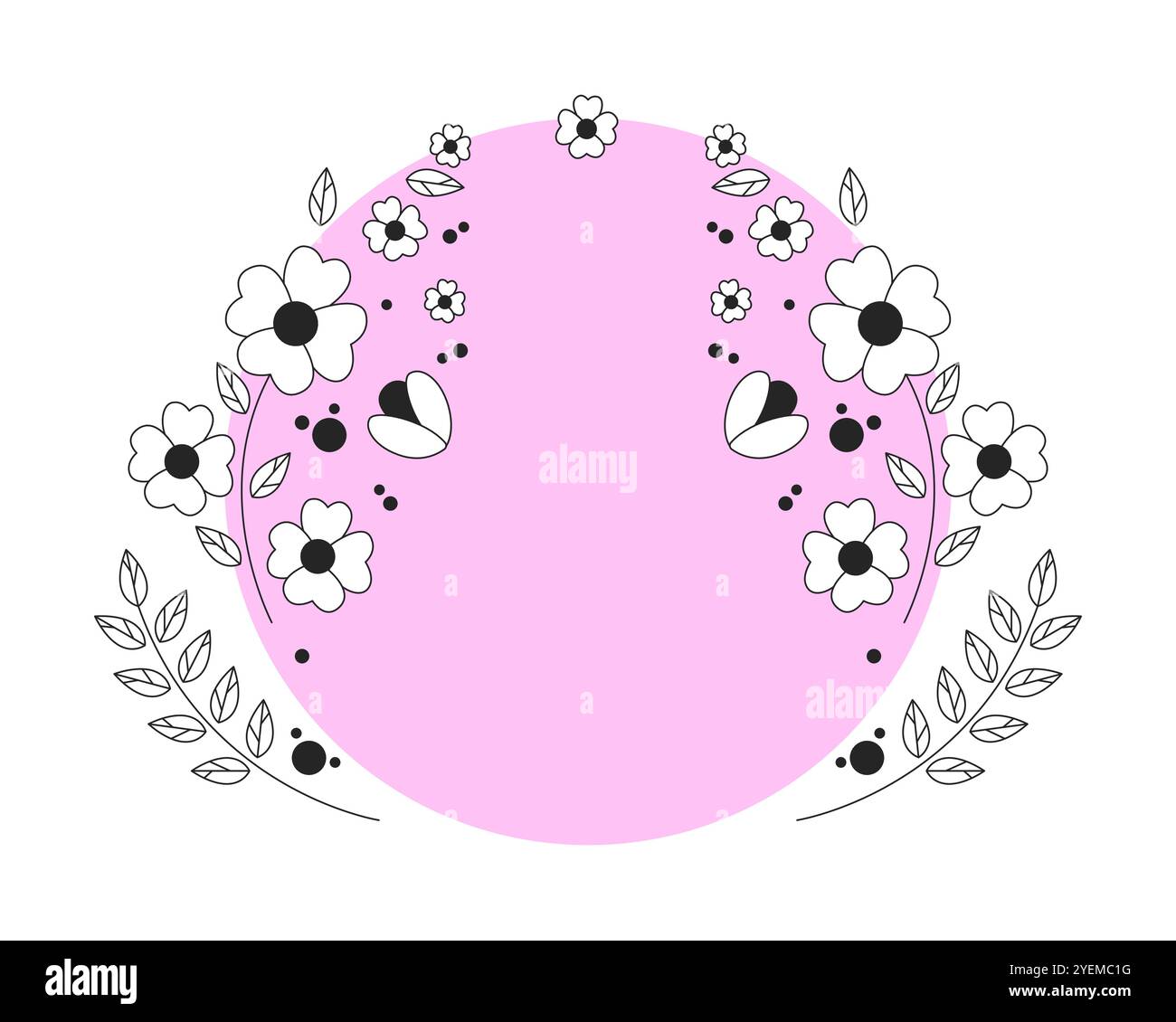 Round pink shape surrounded by spring flowers leaves branches cartoon ...