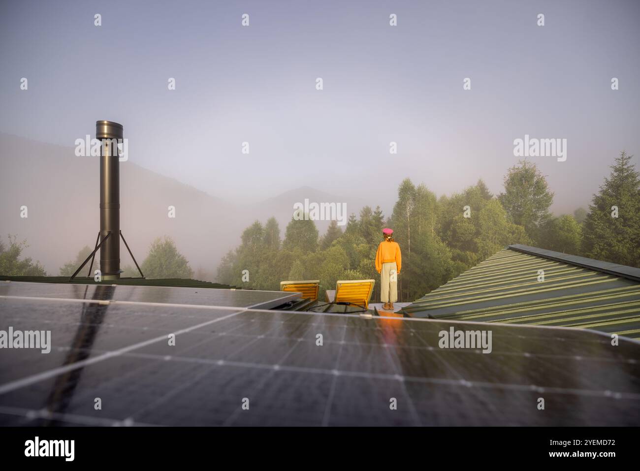 Quiet Morning Reflections: Solar Panels and Solitude in Nature Stock ...