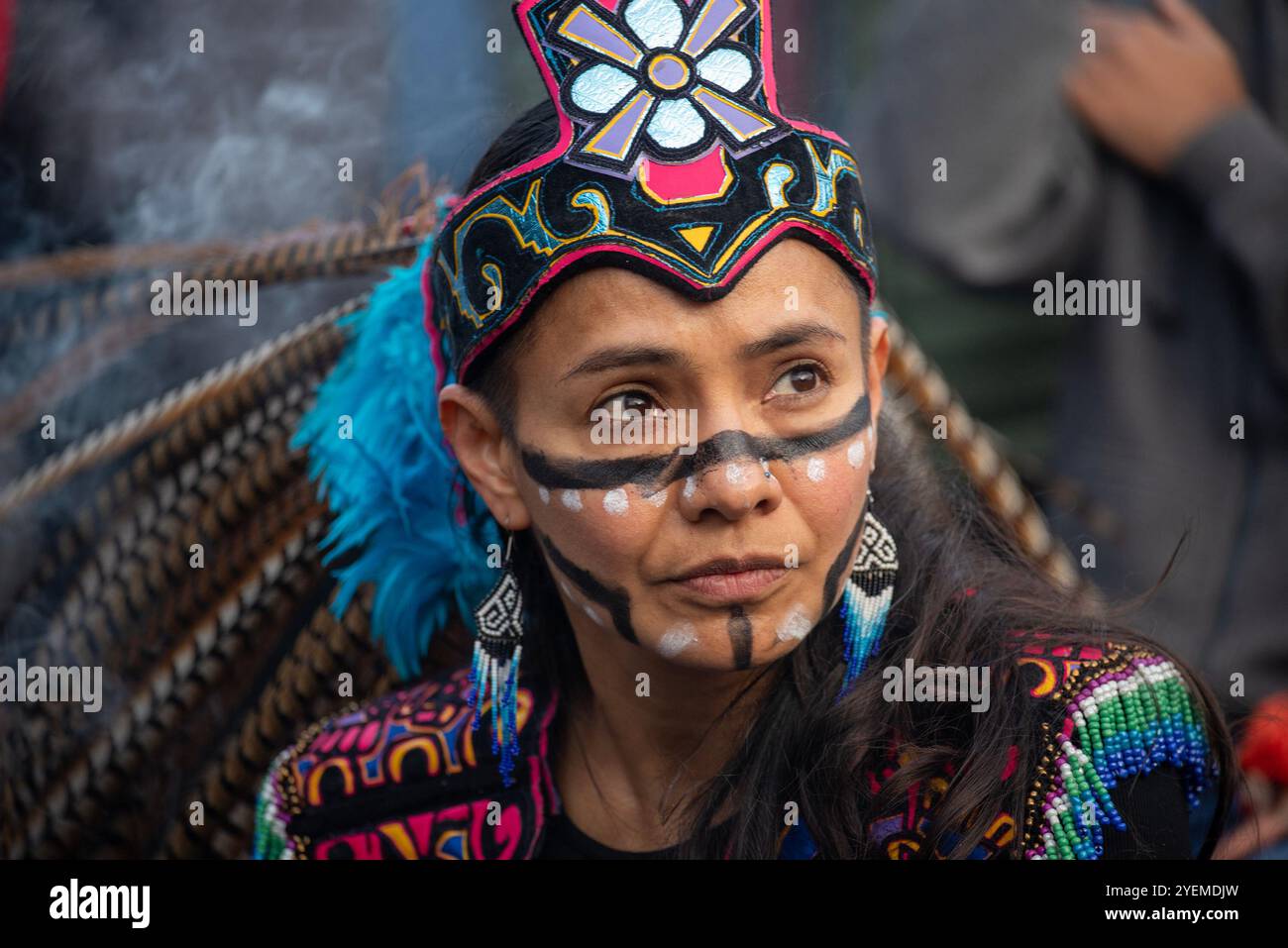 Aztec Indian musician seen during the performance. Atlachinolli Aztec ...