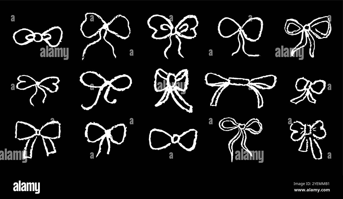 Set of bows drawing by pastel or charcoal pencil. White chalk bow gift ...