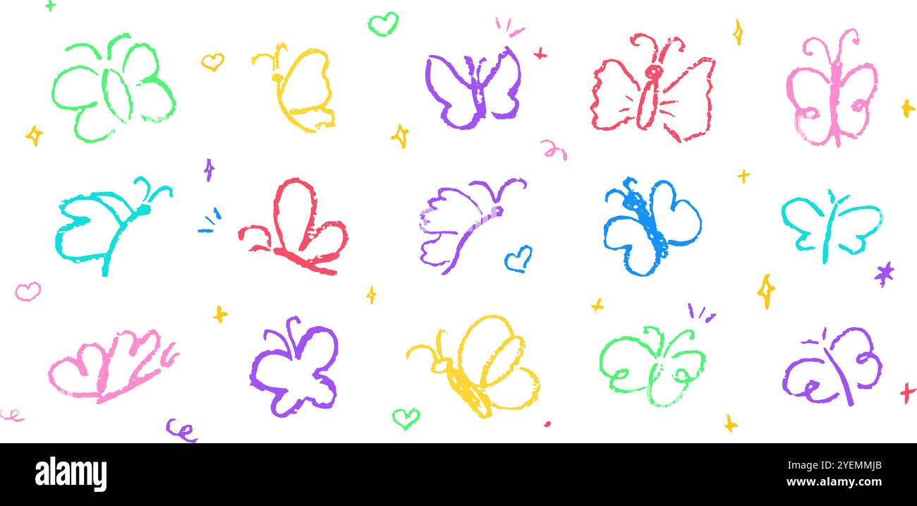 Set of butterflies drawing by pastel or charcoal pencil. Colorful chalk ...