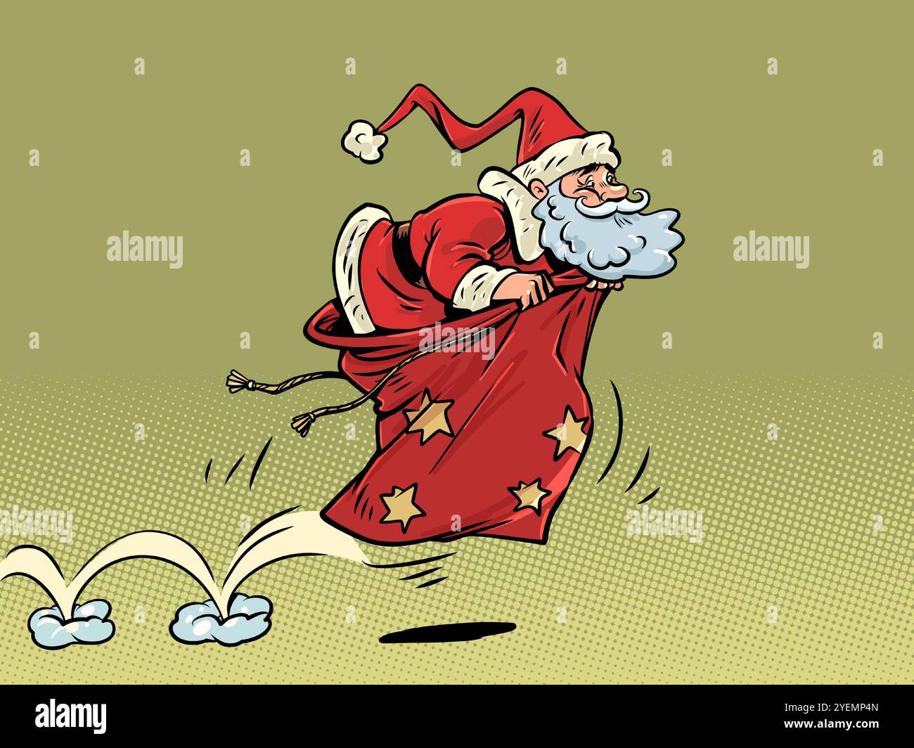 Santa Claus jumping with a sack. Gifts for New Year and Christmas ...