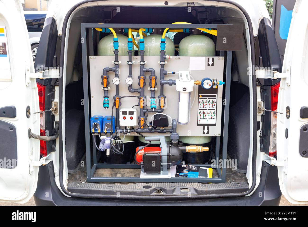 Portable water filtration system in van, showcasing industrial design ...