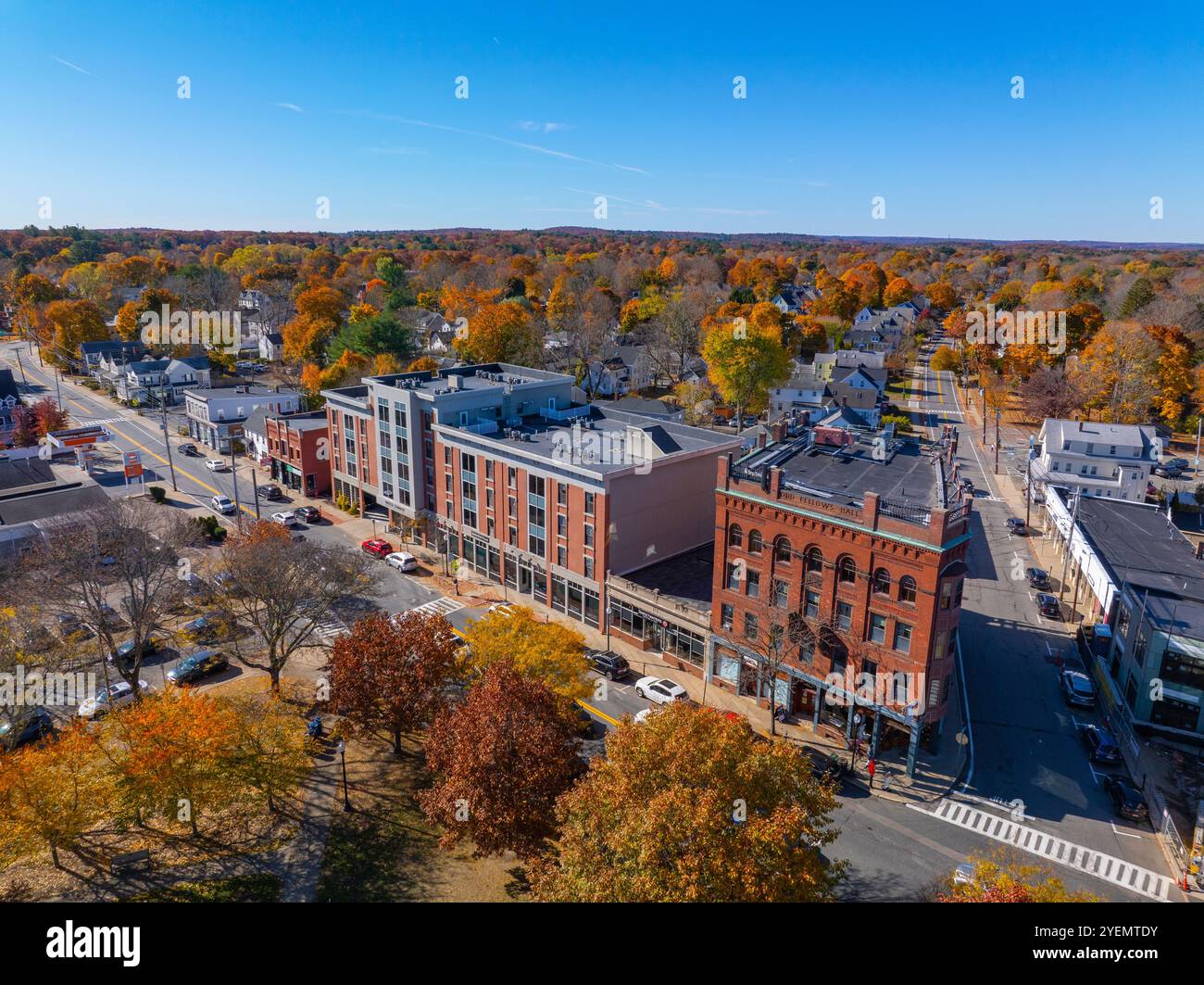 Historic commercial Building aerial view in fall with foliage on Main ...