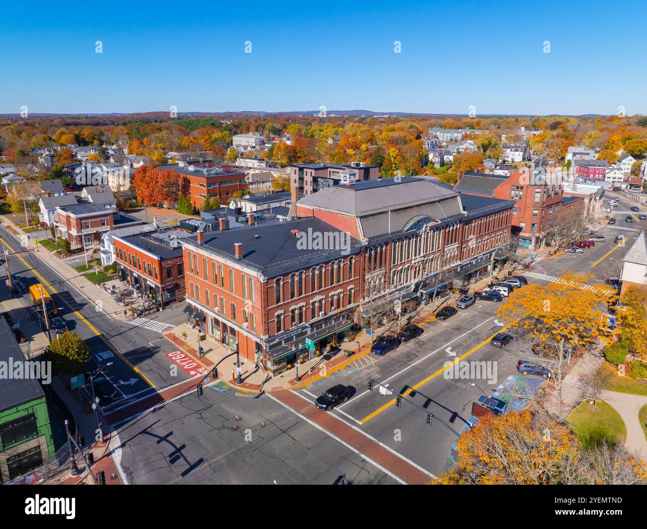 Historic commercial Building aerial view in fall with foliage on Main ...