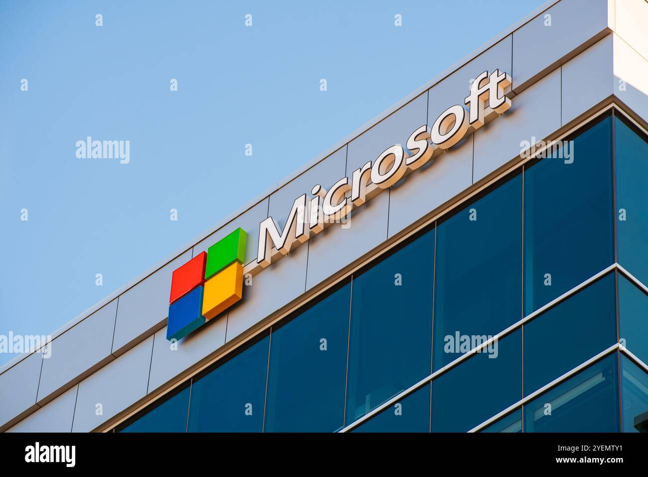 Exterior view of Microsoft logo sign on October 29, 2024, in Lehi, Utah ...