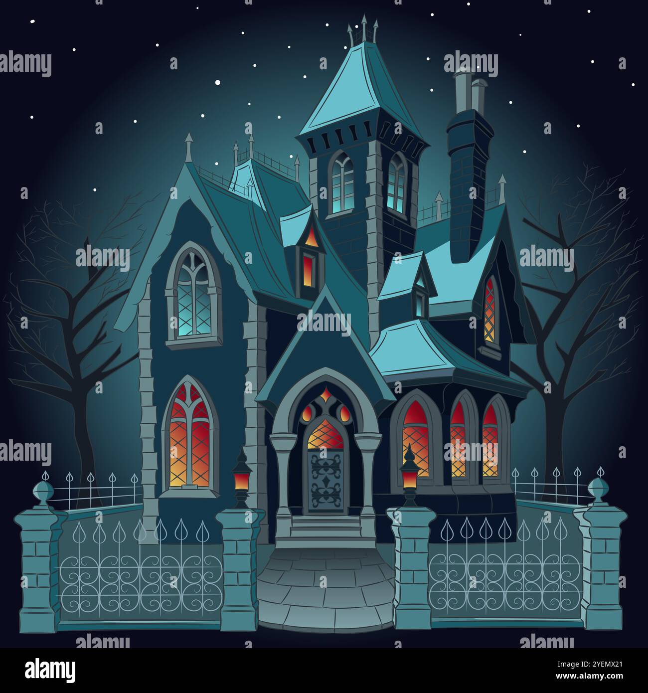 Drawing of a gloomy gothic house with burning windows at night Stock ...
