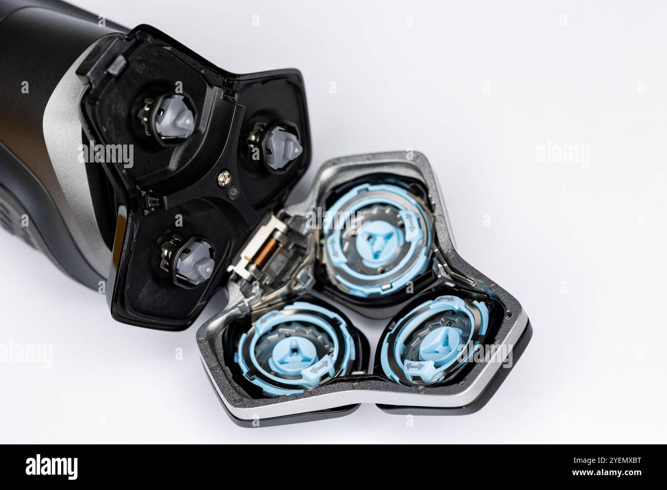 Beard electric shaver on a white background. Inside view of the cutting ...
