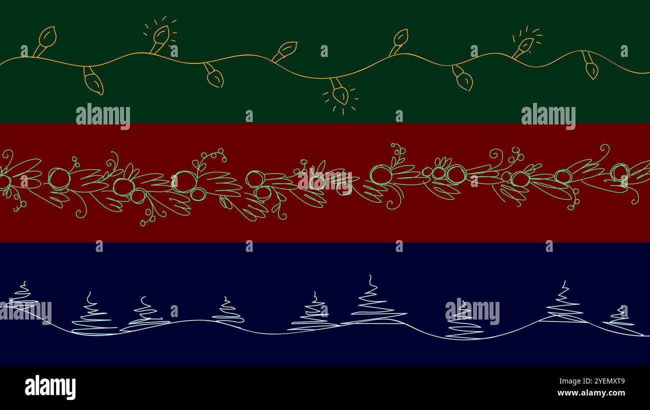 Merry Christmas seamless borders line art. Holiday greeting card ...