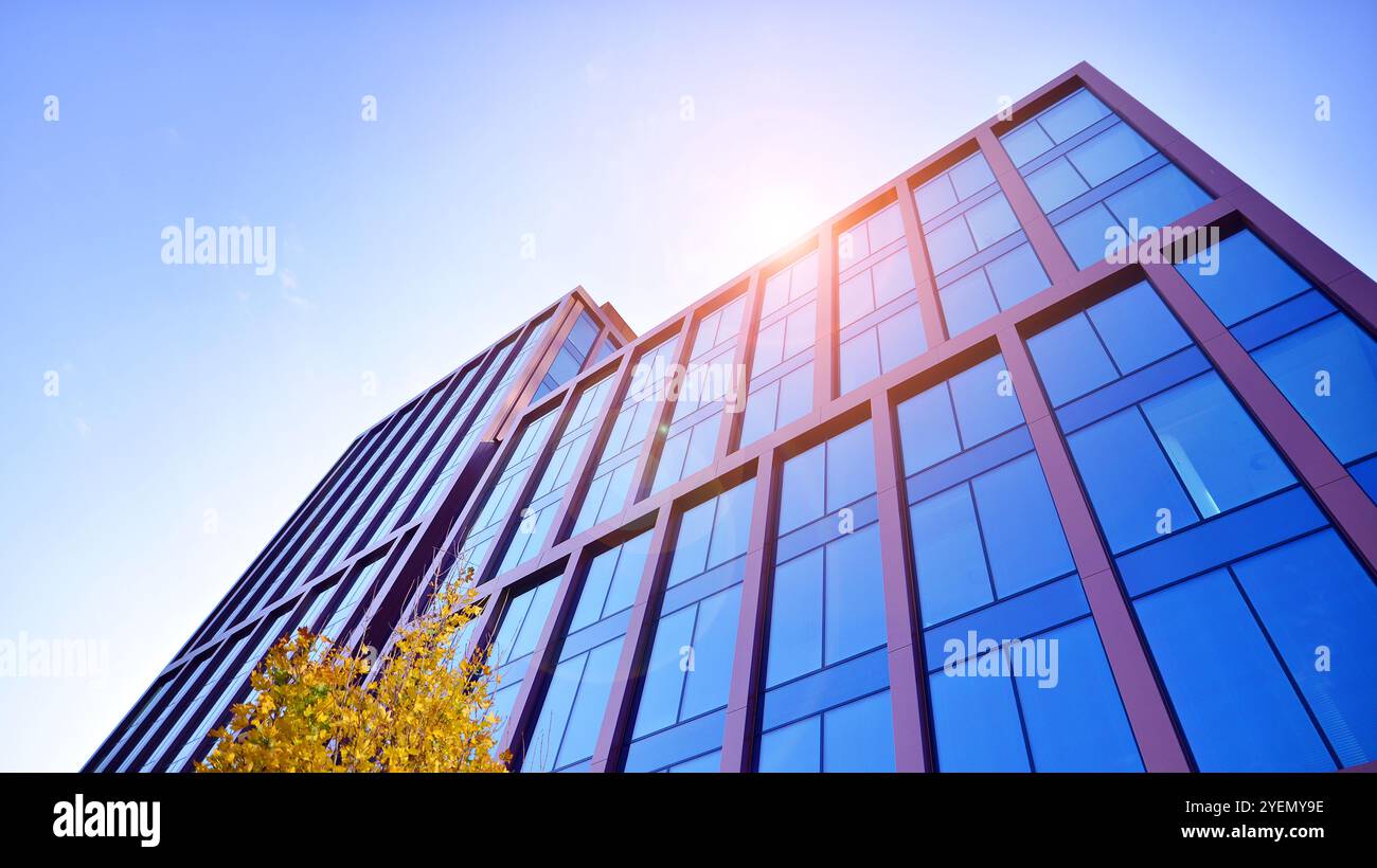 Modern stylish architecture. Symmetrical blue glass building in the ...