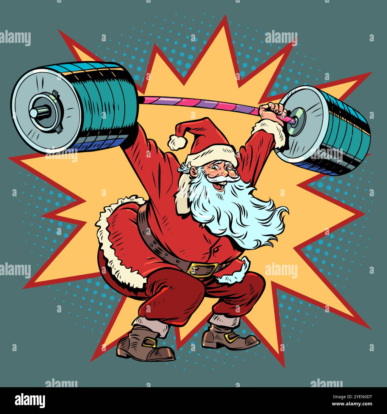 Training and sports even in winter in the gym. Santa Claus holds a ...