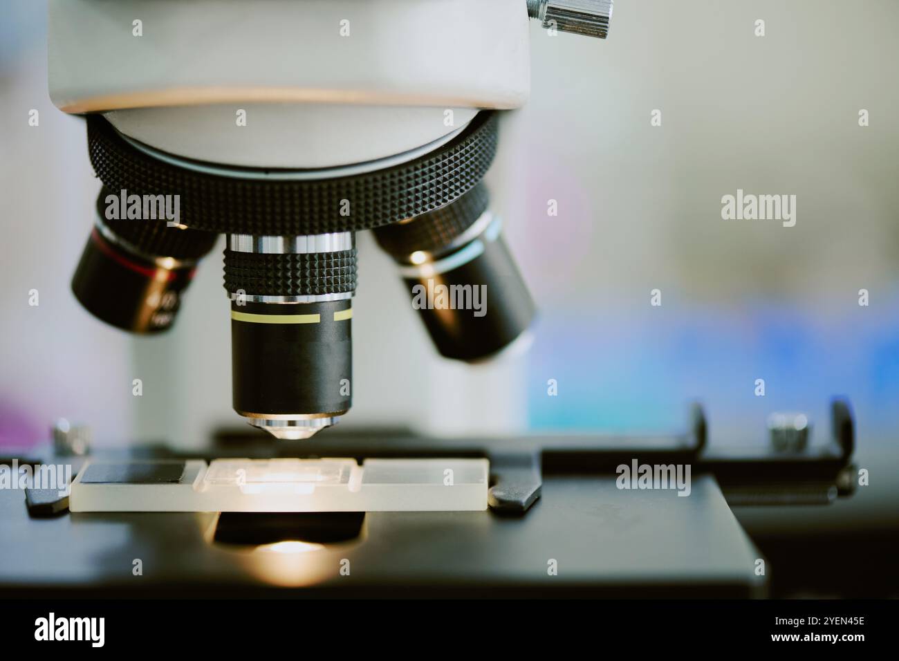 Close-up image of microscope viewing microorganisms on glass slide ...