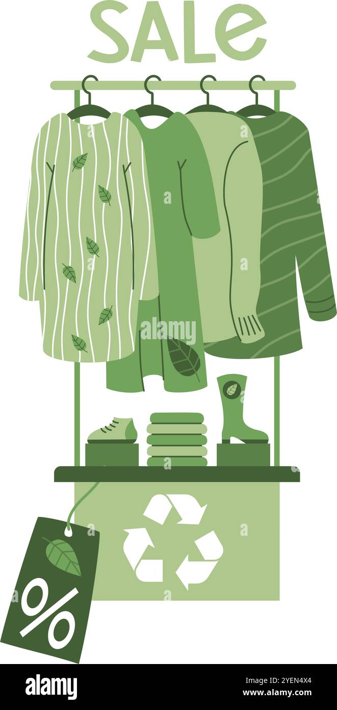 Sale. Eco friendly apparel. Fashionable Eco-conscious attire on hangers ...