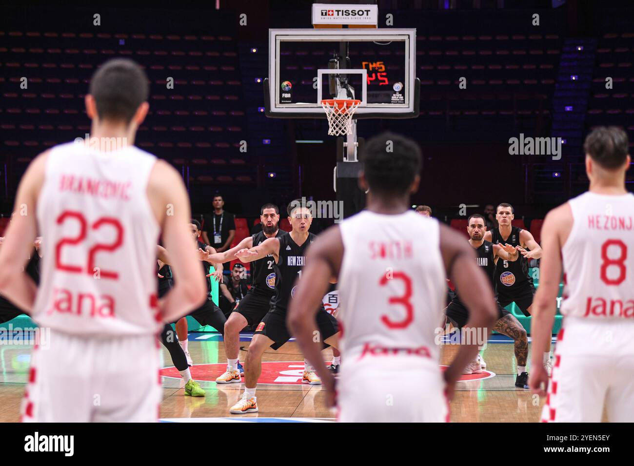 New Zealand basketball team perfoming the haka in front of Croatia ...