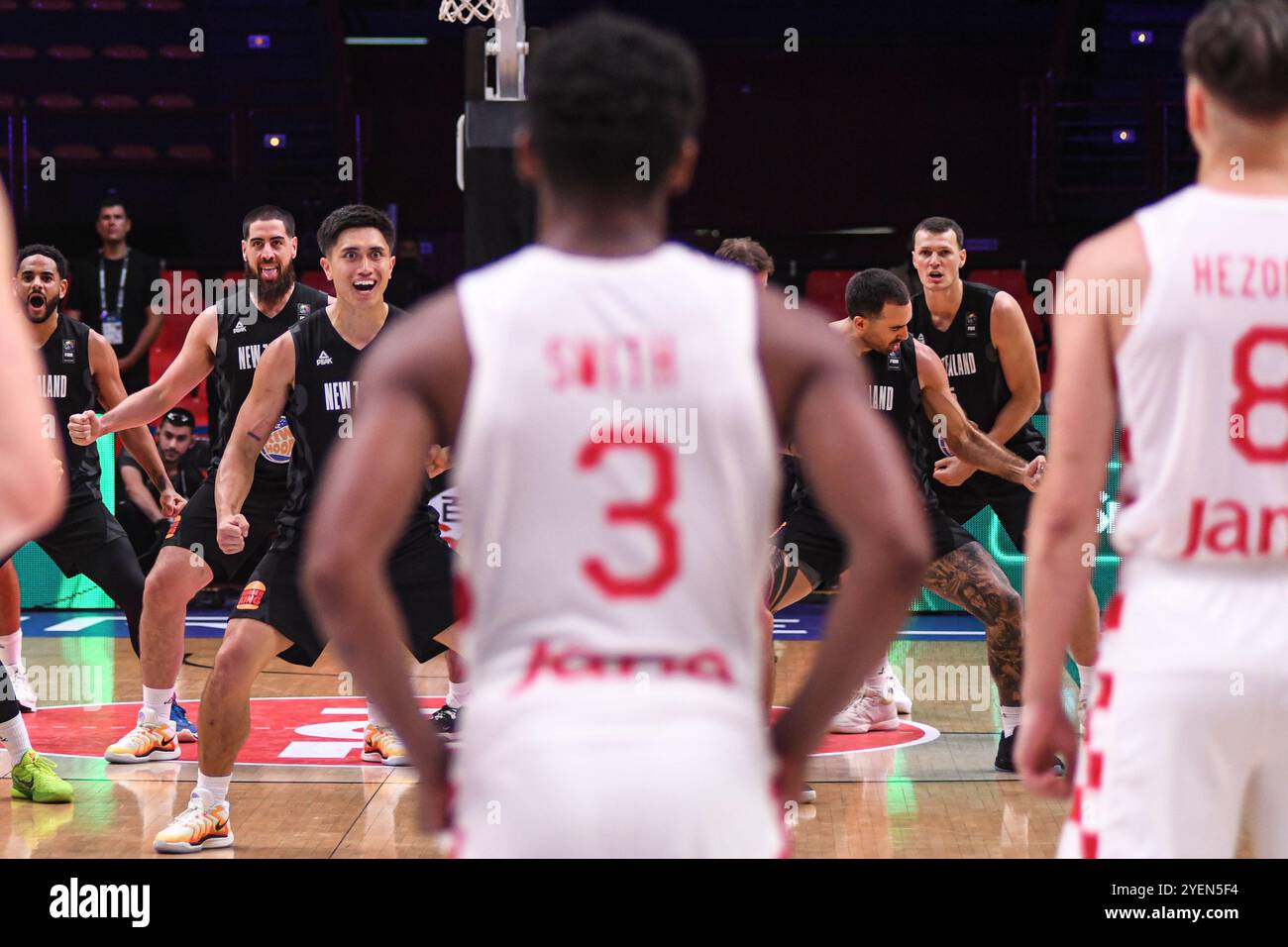 New Zealand basketball team perfoming the haka in front of Croatia ...