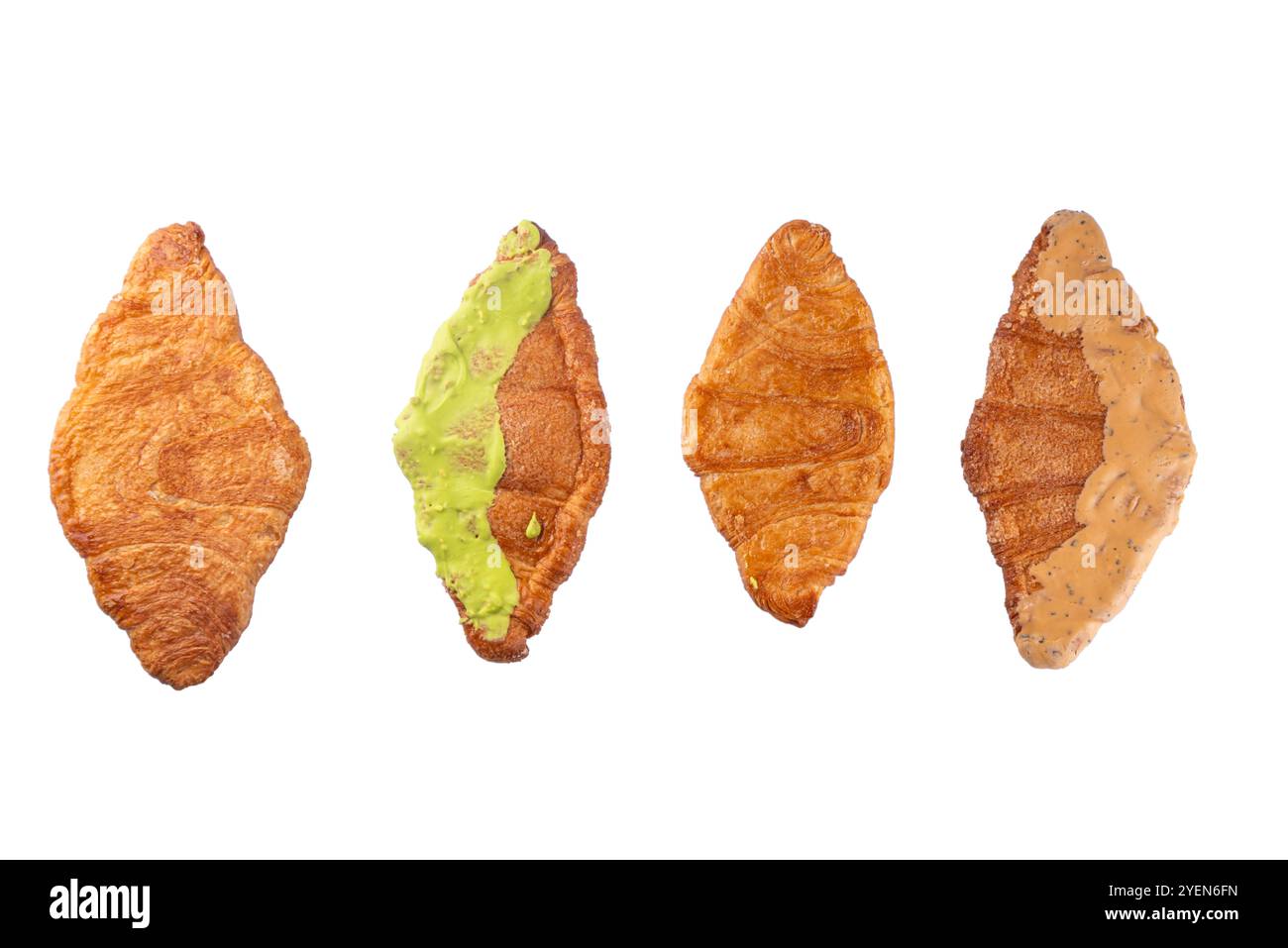 Set of colorful trendy flat croissants with different topping and ...