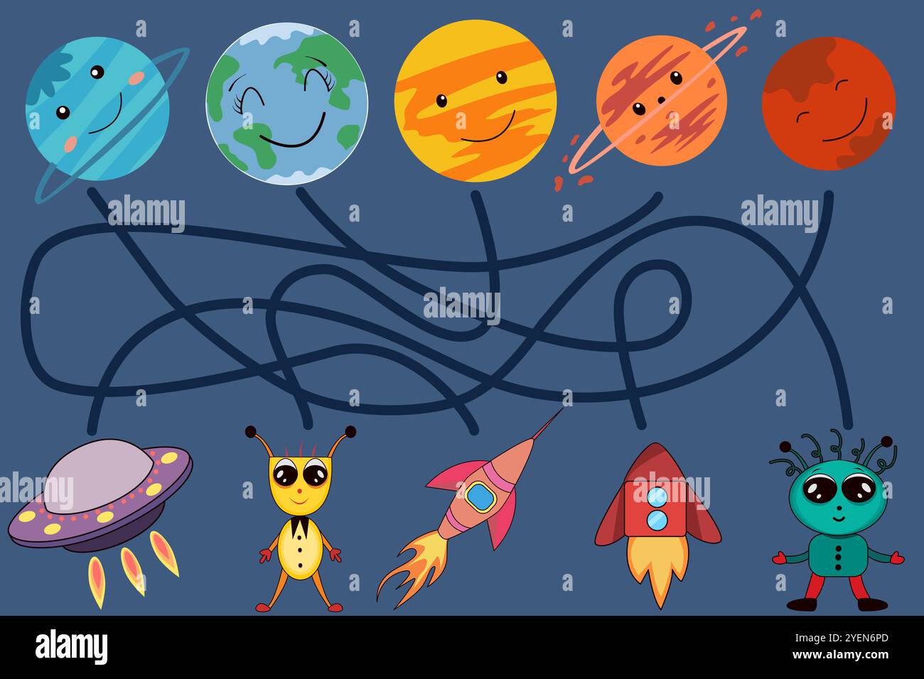 Children's logic game to pass the labyrinth. Space labyrinth, planets ...
