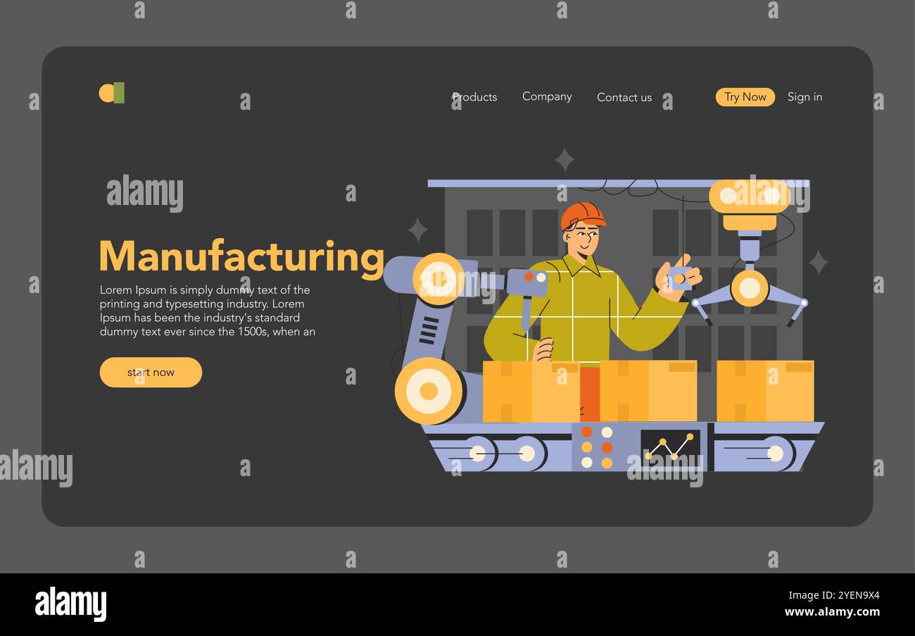 Industrial Automation concept. A worker operates machinery on a ...
