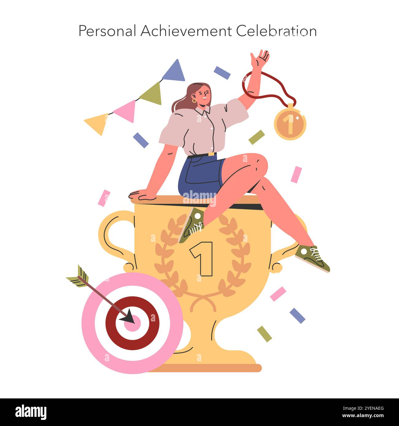 Personal achievement celebration concept. A joyful individual sits atop ...