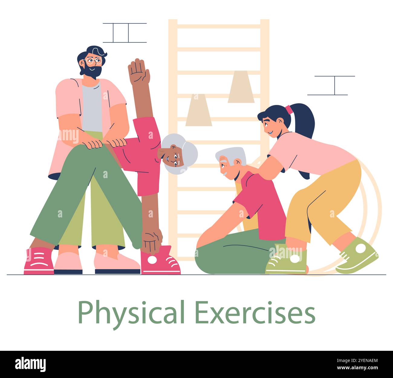 Elderly care concept. Seniors engaging in physical exercises with a trainer in a nursing home ...