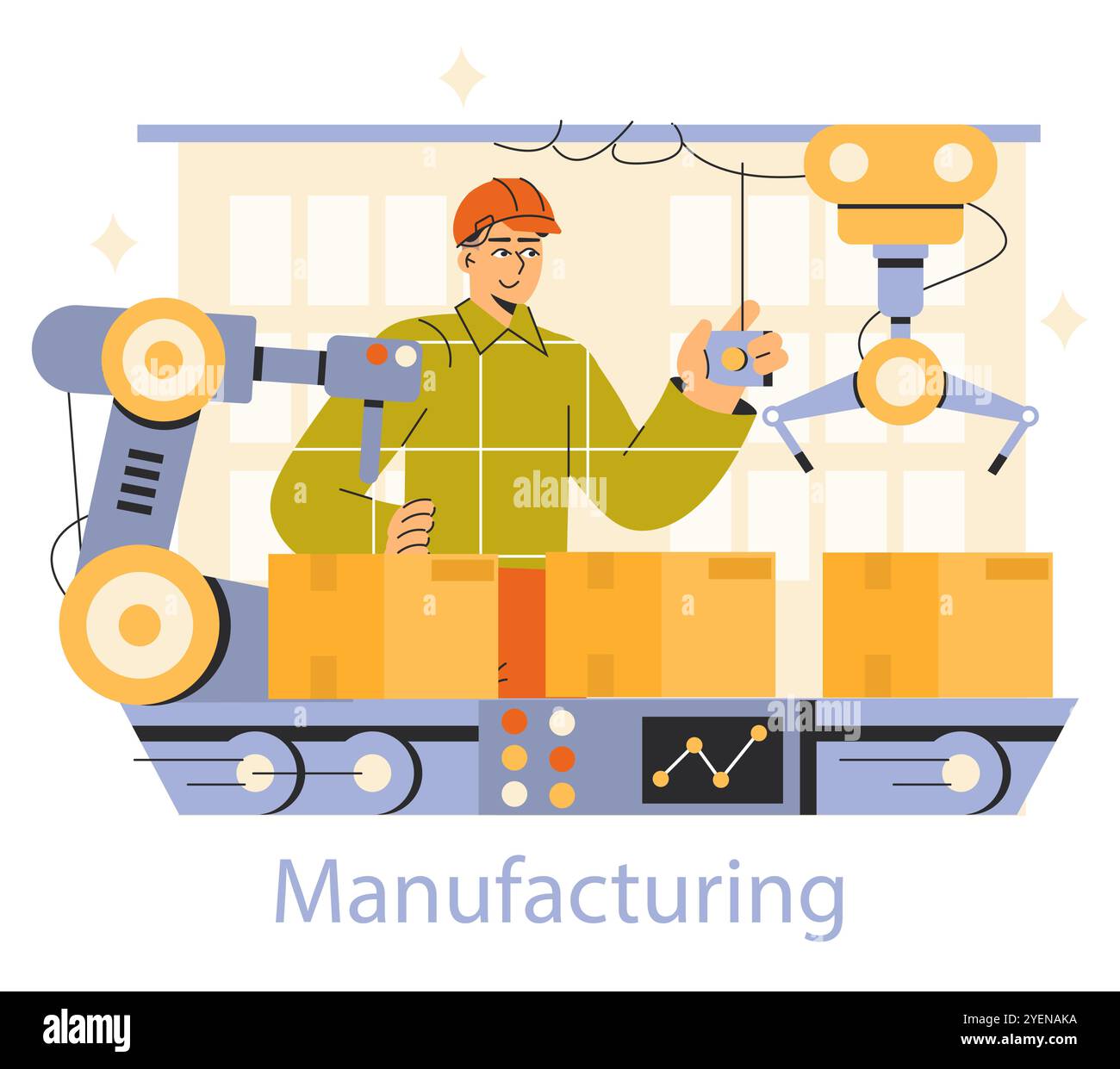 Manufacturing concept. Factory worker operating robotic machinery for assembly line production ...