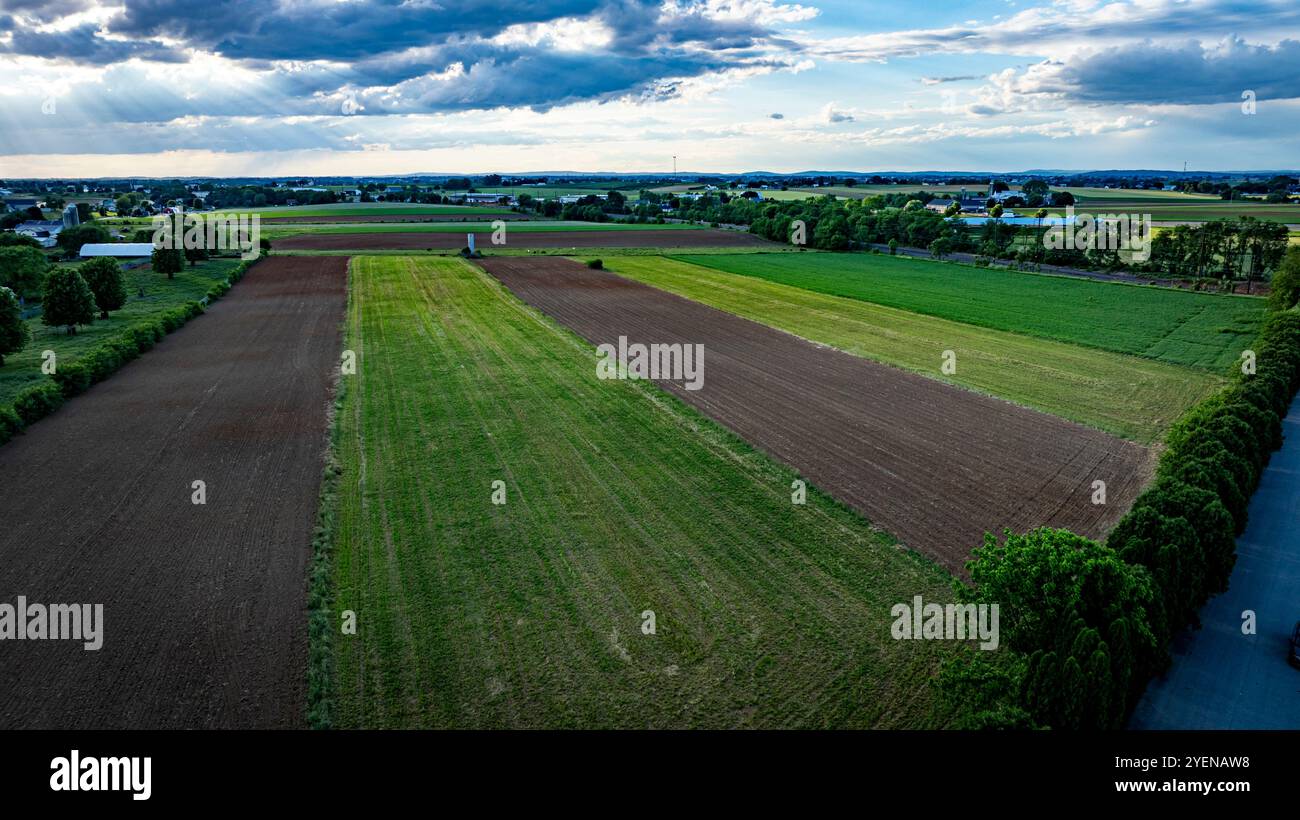 The lush farmland showcases a patchwork of green and brown fields under ...
