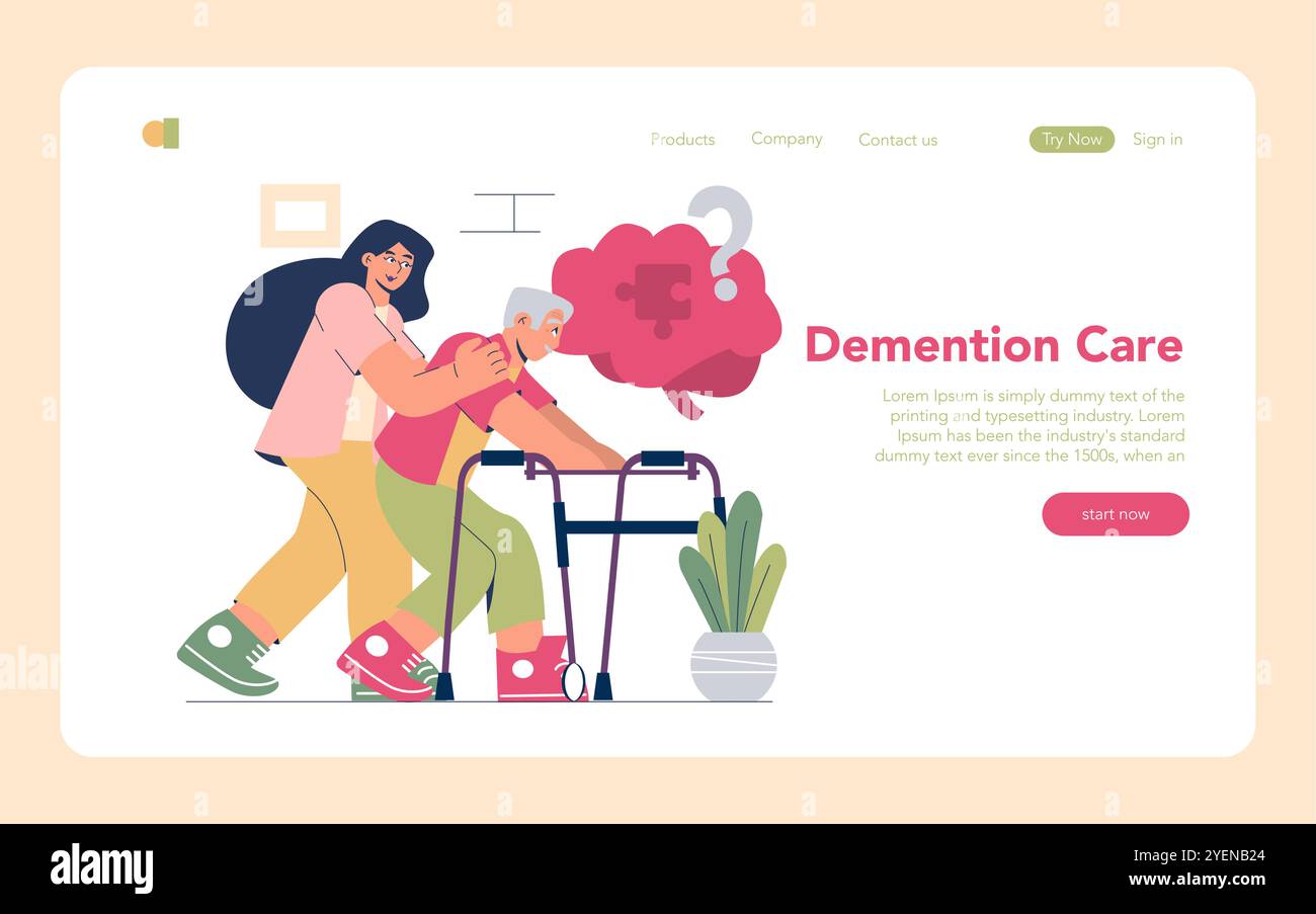 Elderly care illustration. A caregiver assists a senior with a walker ...