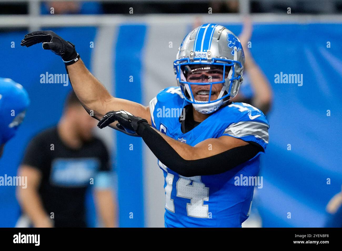 Detroit Lions wide receiver Amon-Ra St. Brown (14) celebrates his ...