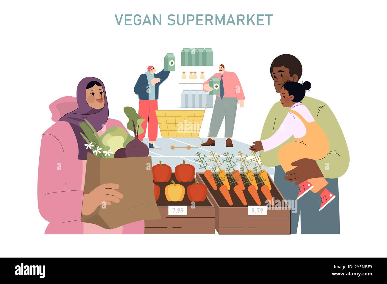 World Vegan Day concept. Diverse people shopping in a vegan supermarket ...
