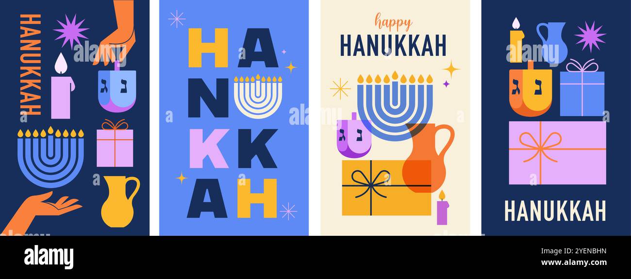 Happy Hanukkah banner, vertical cards, background, posters set. Modern ...