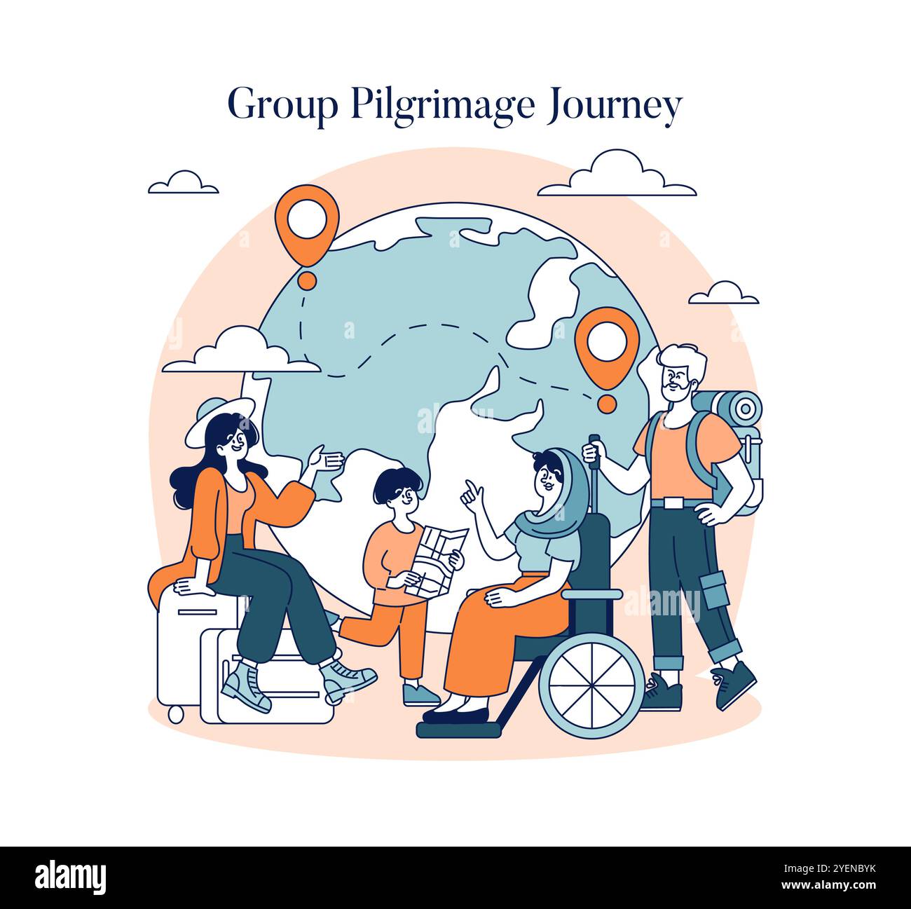 Pilgrimage concept. A diverse group of travelers gathers for a ...