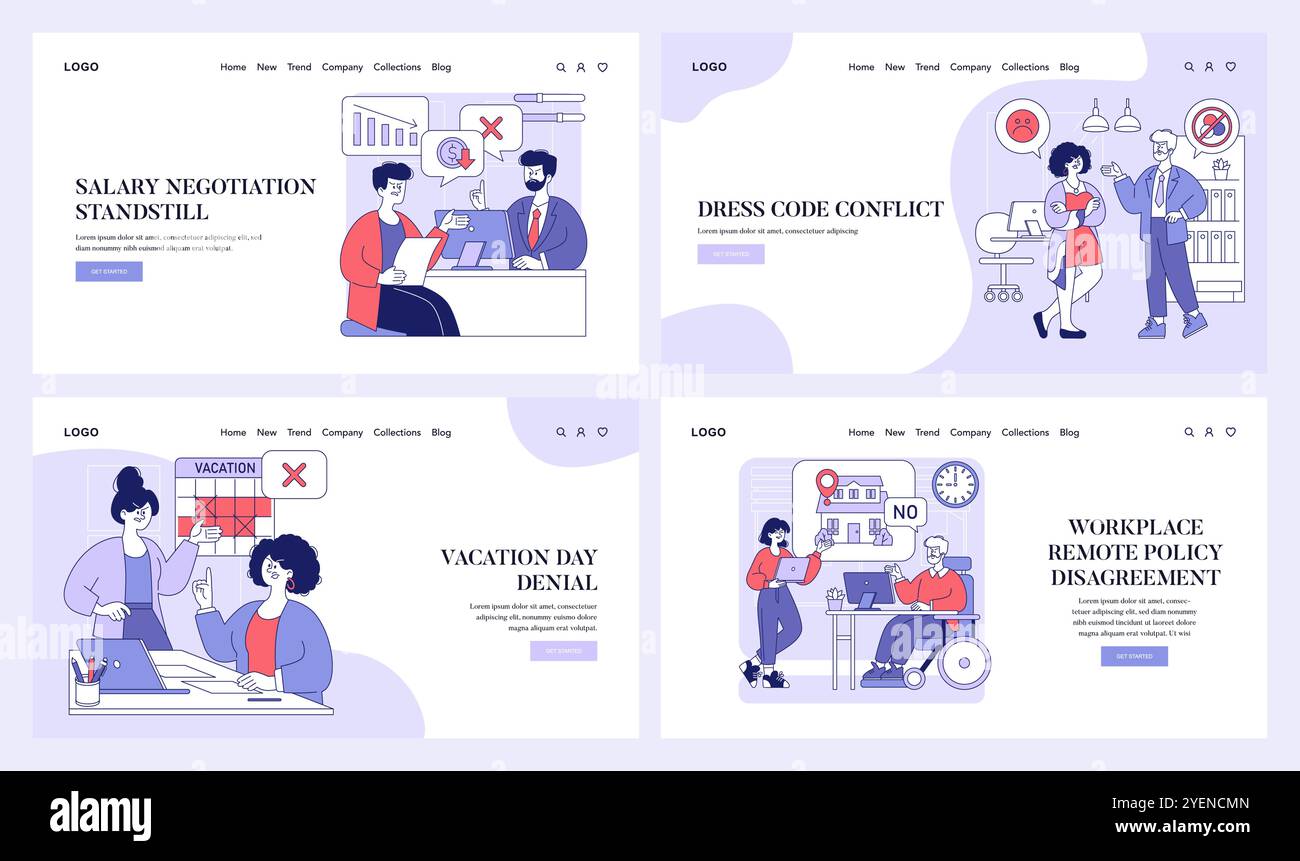 Workplace Dispute set. Conflicts in corporate settings over salary ...