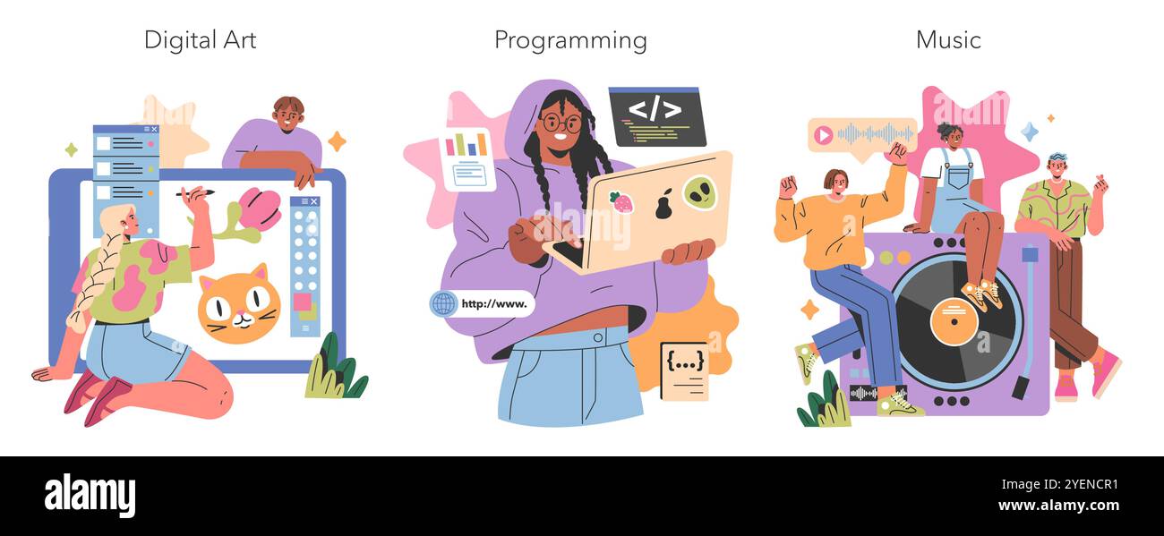Gen Z Hobbies set. Young adults engaged in digital art, programming ...