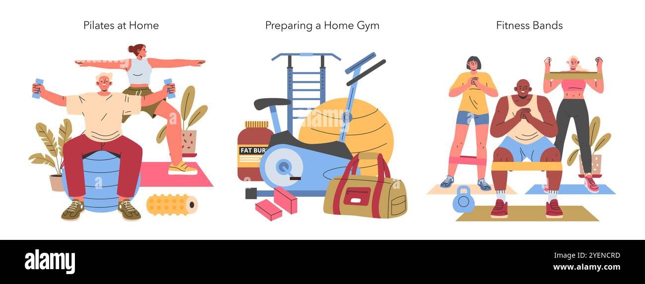 Home Fitness Set. Indoor exercise routines with Pilates, gym equipment ...