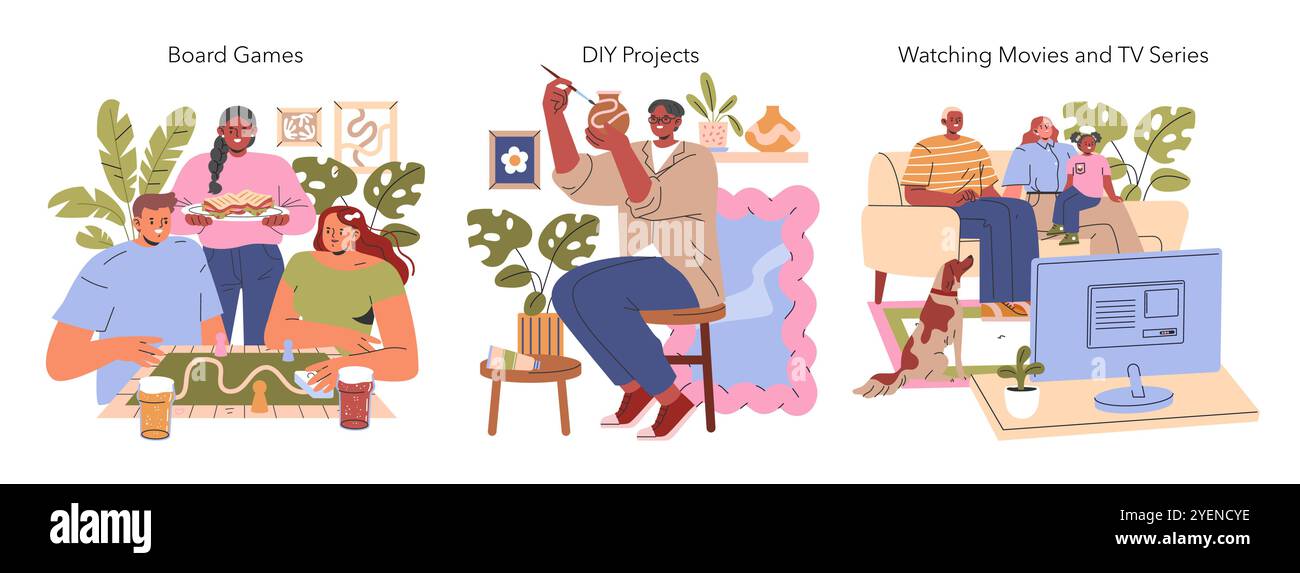 Hobbies at Home set. Individuals engaged in board games, DIY crafting ...