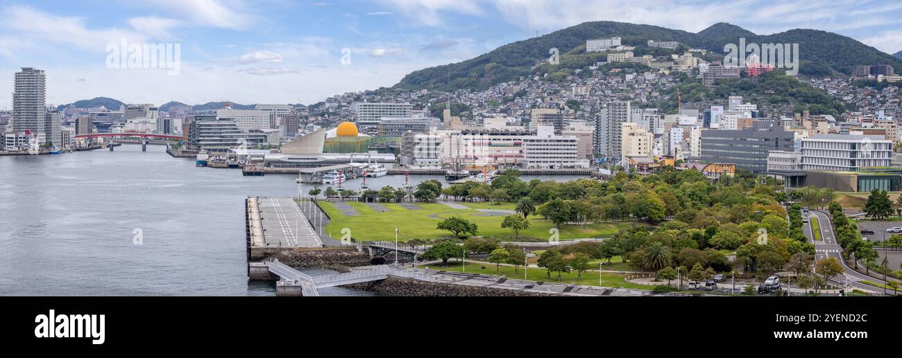 Panoramic cityscape of Nagaki waterfront including Asahio Bridge and ...