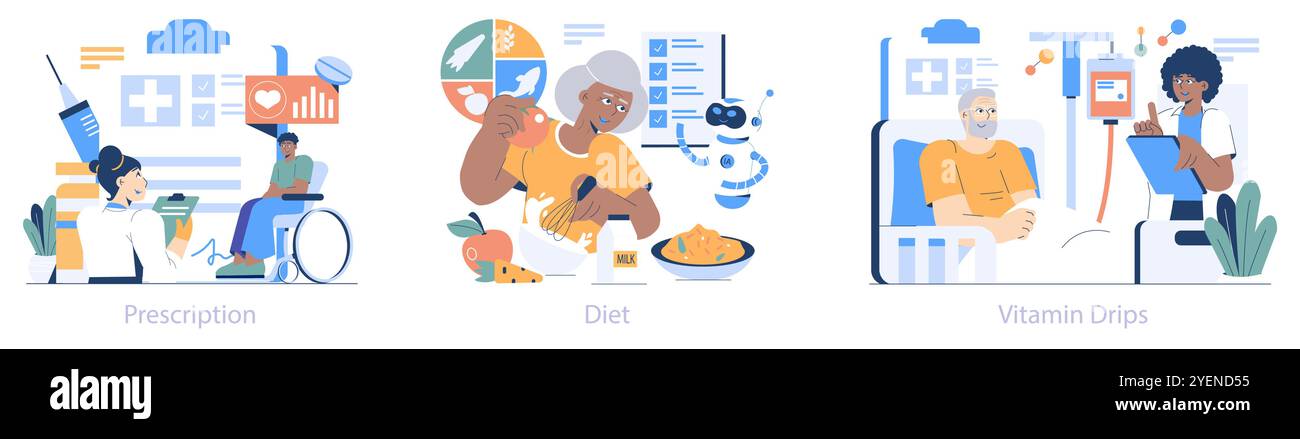 Longevity Clinic set. Healthcare services featuring prescriptions ...