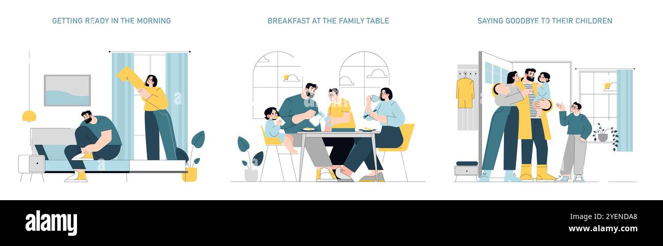 Family Routine set. Illustration of daily activities from morning ...